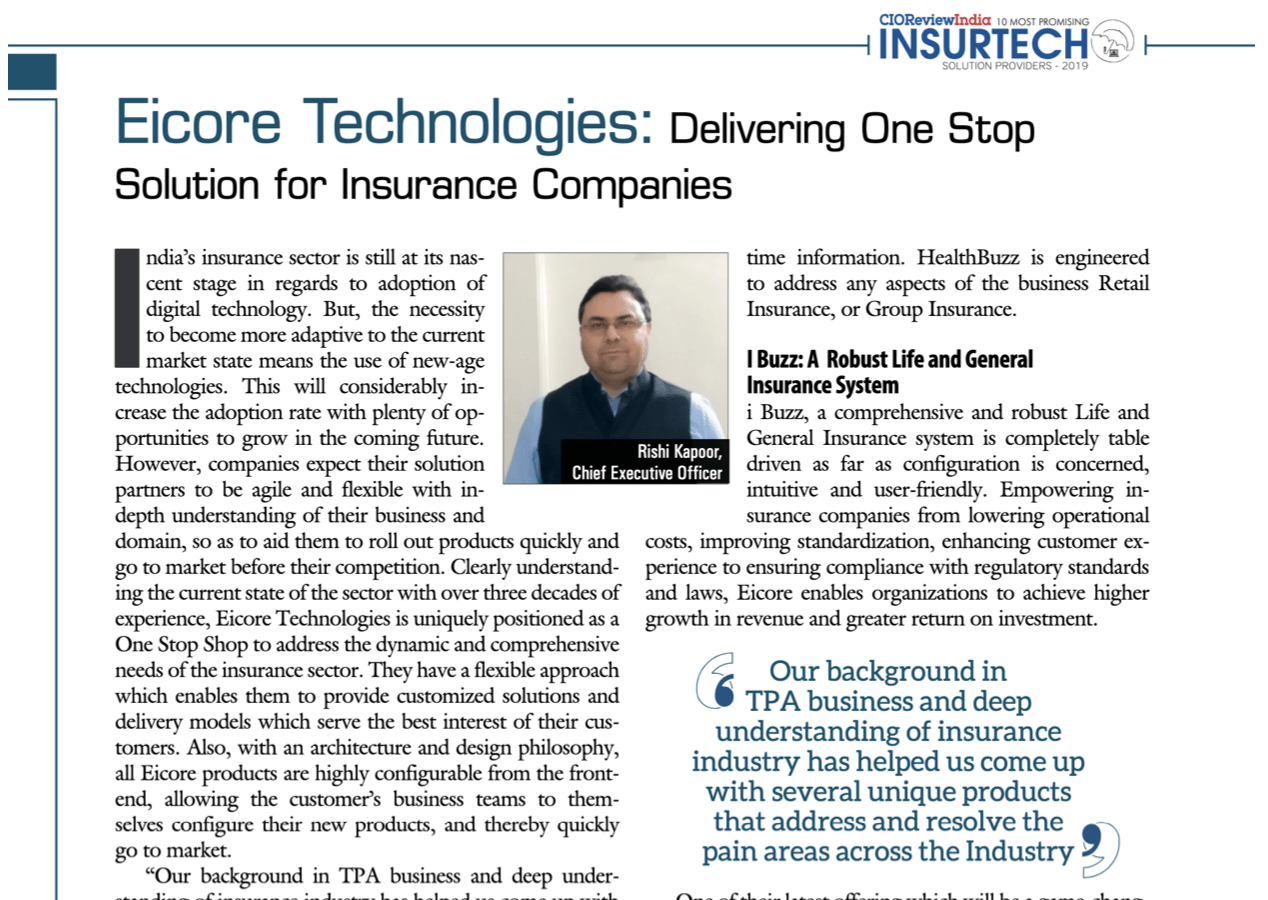 Eicore Technologies amongst “10 Most Promising Insurtech Solution ...